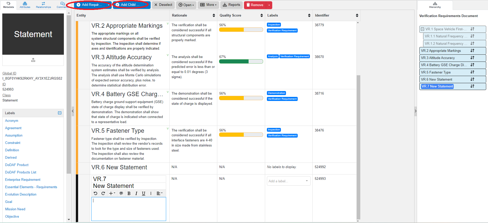 Adding and Removing Requirements in an Innoslate Document